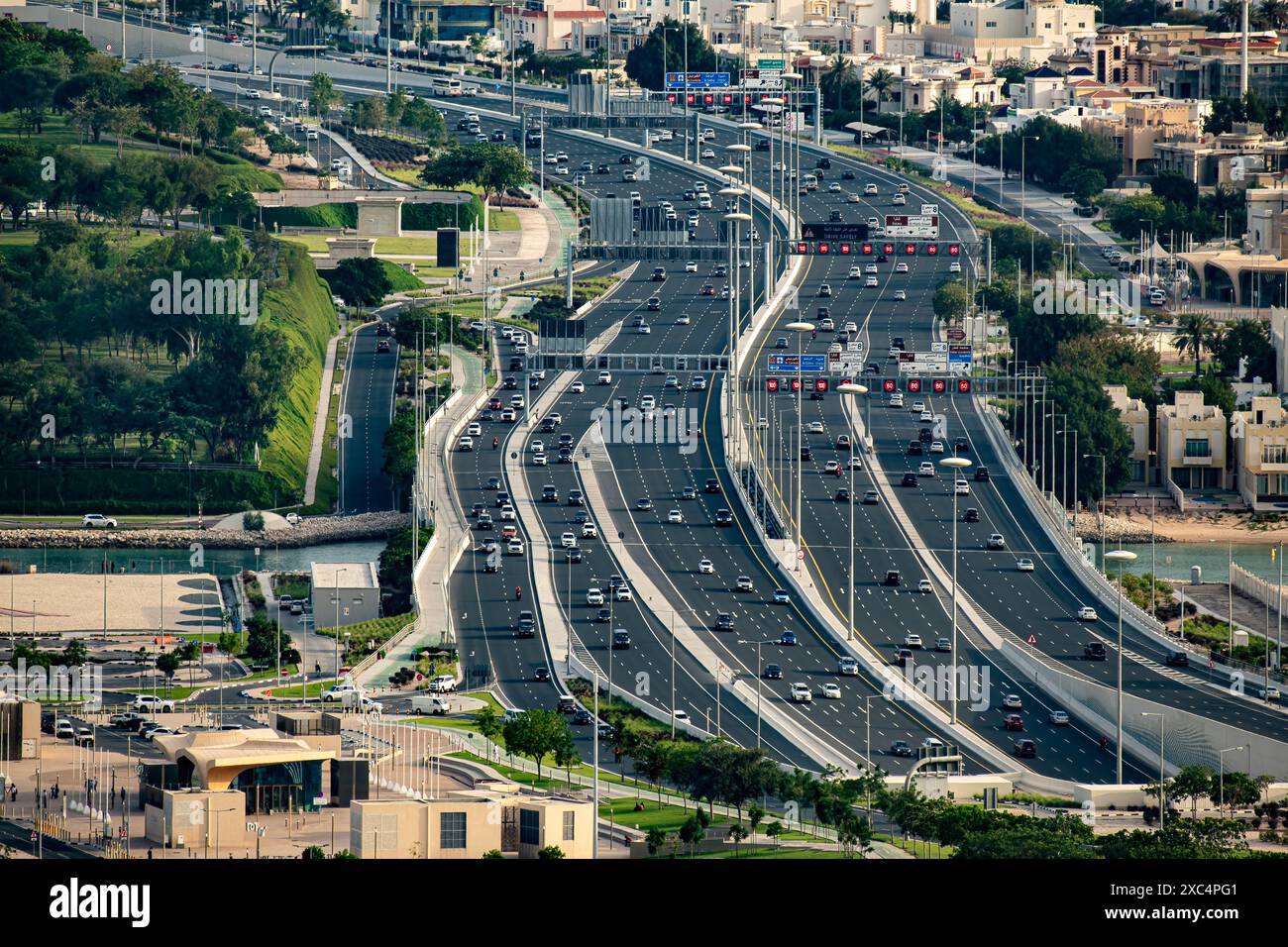 Aerial view Lusail Express way. Katara underpass roads and traffic ...