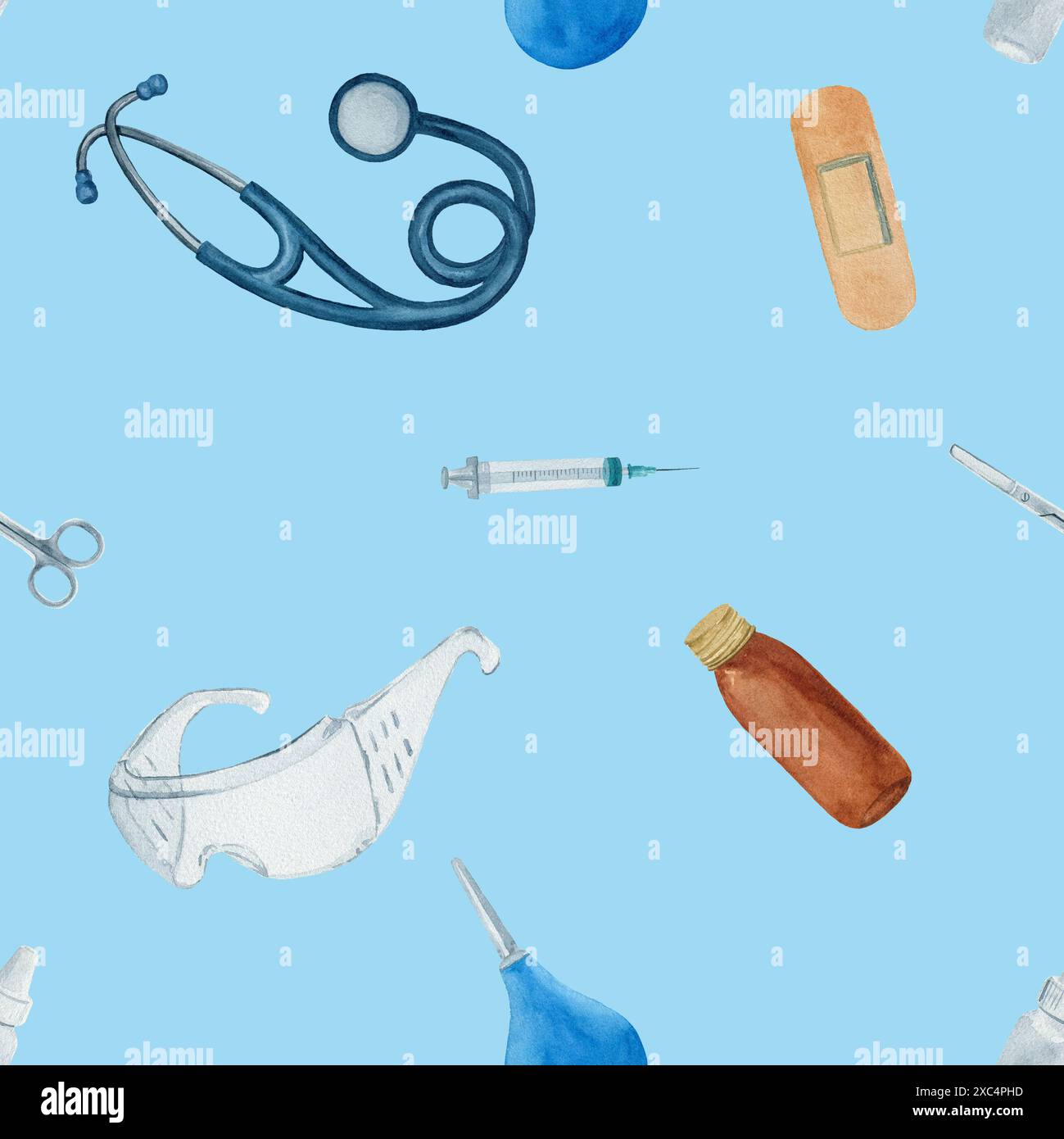 Seamless pattern with stethoscope, plaster, pills and bottles ...