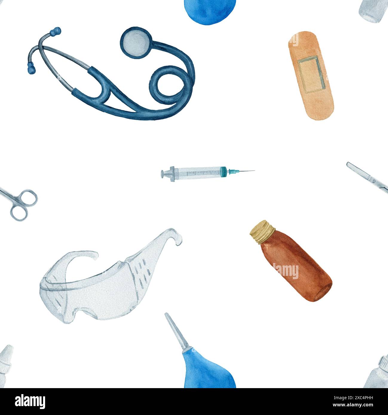 Seamless pattern with stethoscope, plaster, pills and bottles ...