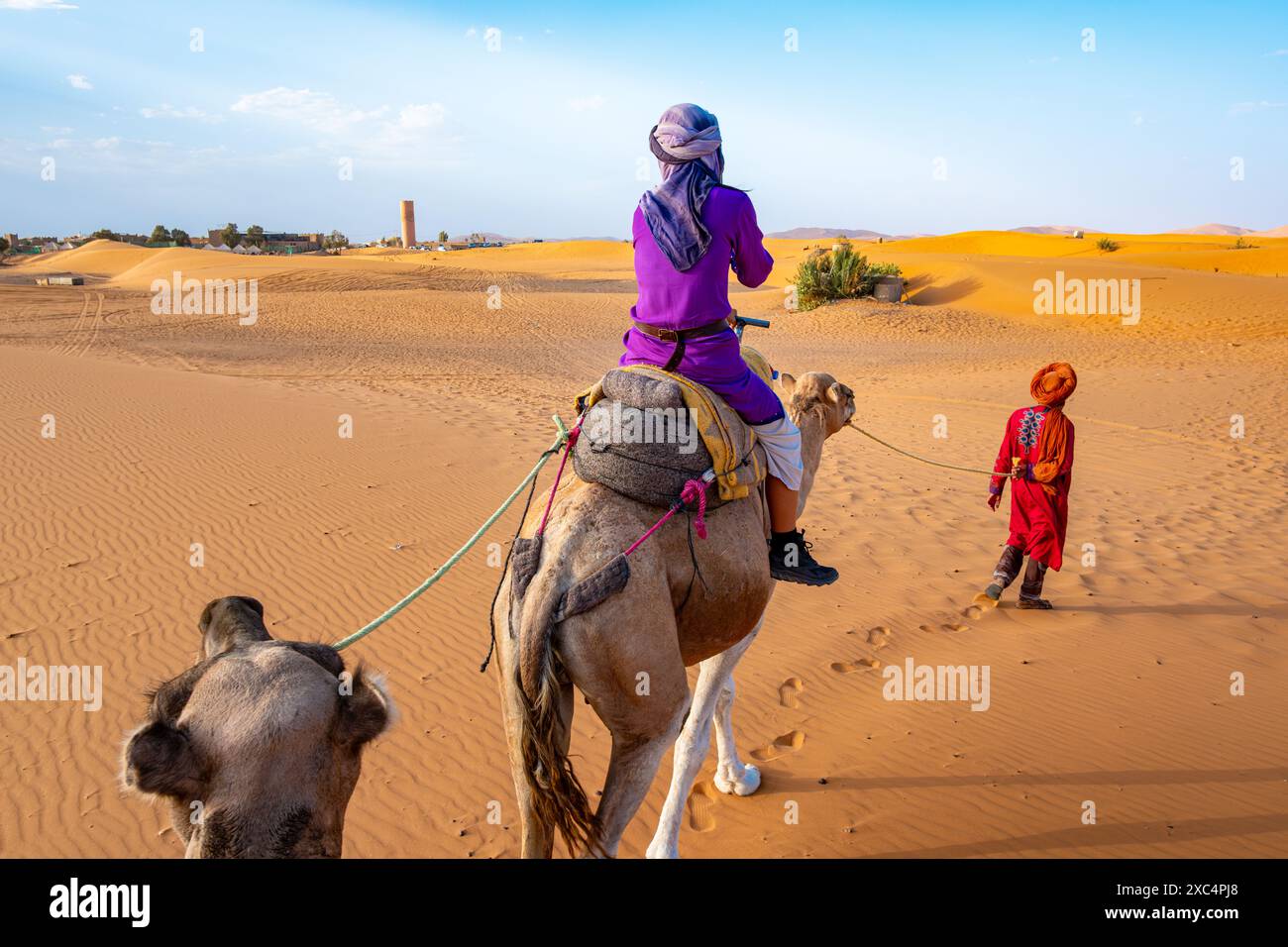 Camel ride in the Sahara desert tour in Merzouga Erg Chebbi dunes Stock ...