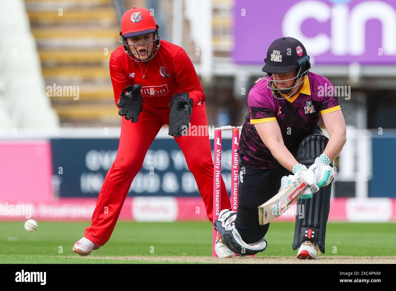 Birmingham, UK. 14th June, 2024. Abbey Freeborn plays a reverse sweep ...