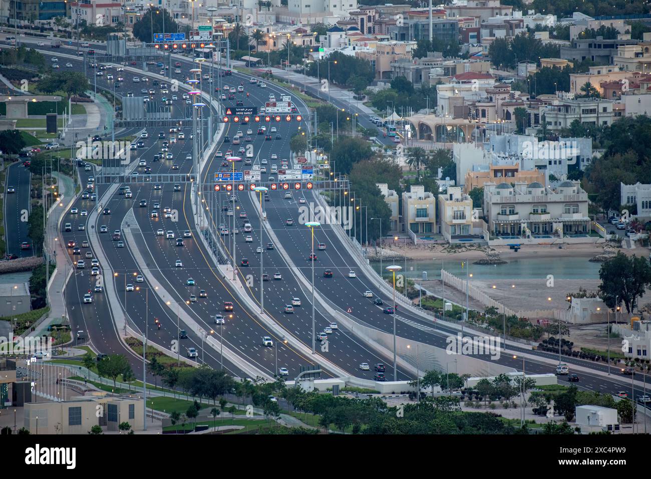 Aerial view Lusail Express way. Katara underpass roads and traffic ...