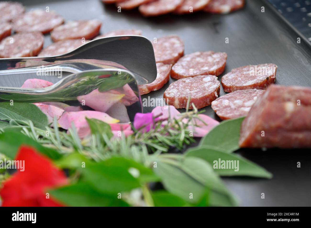 Food at the Italian wedding pre-party buffet includes salami among ...