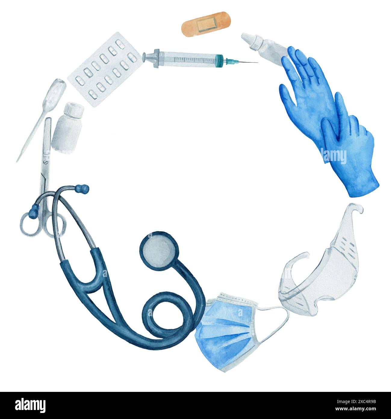 Medical round card, circle composition with stethoscope, plaster, mask ...