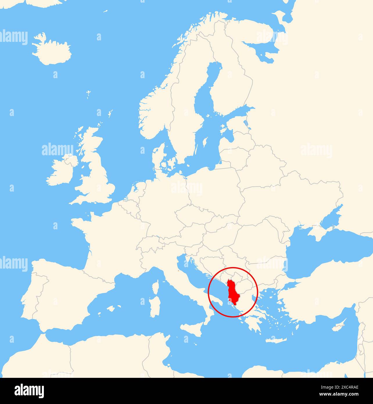Locator map showing the location of the country Albania in Europe. The ...