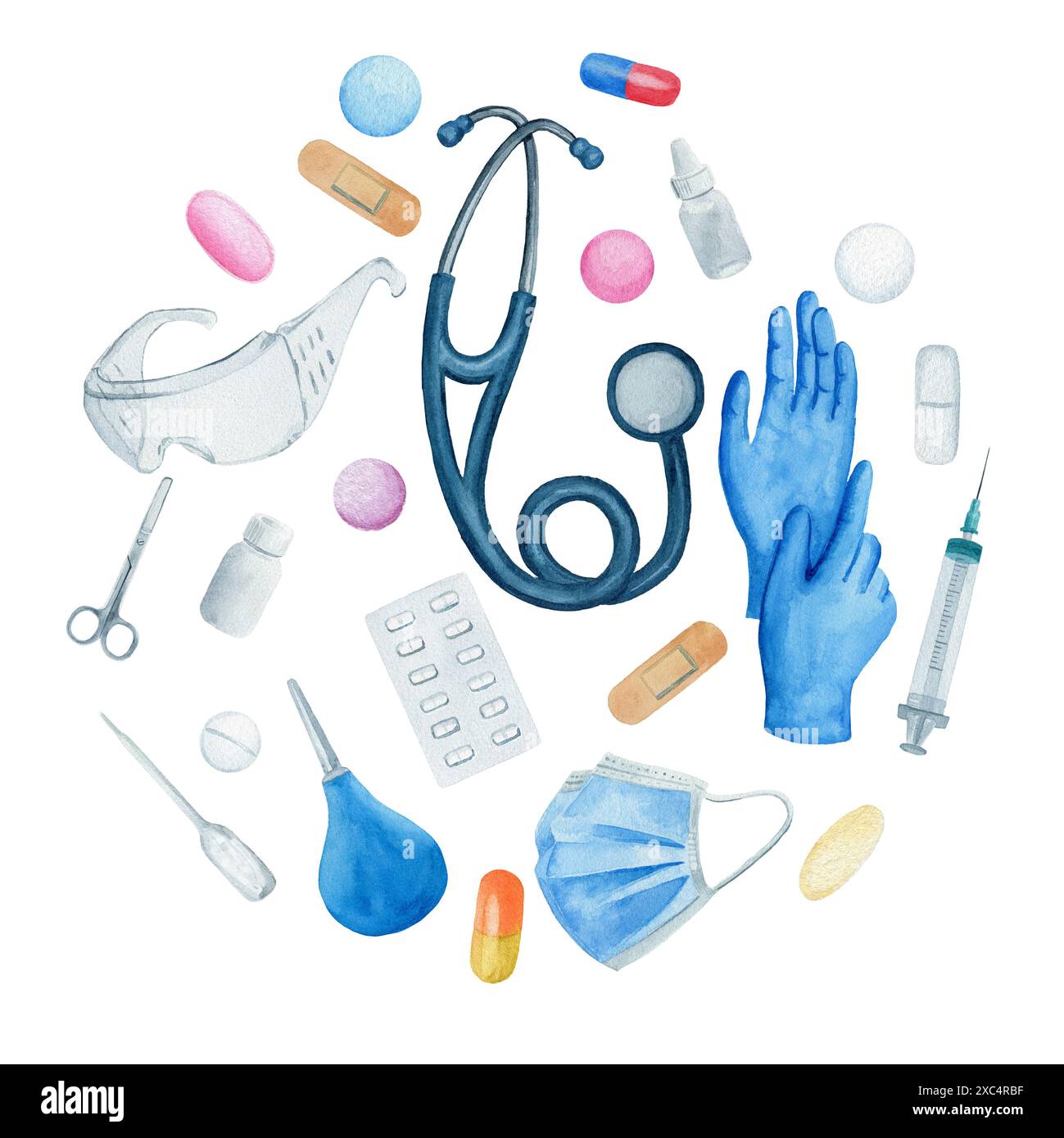 Medical round card, circle composition with stethoscope, plaster, pills ...