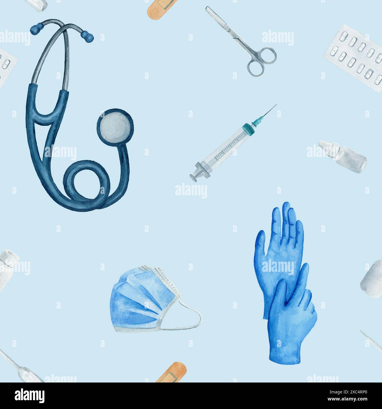 Seamless pattern with stethoscope, plaster, mask and bottles ...