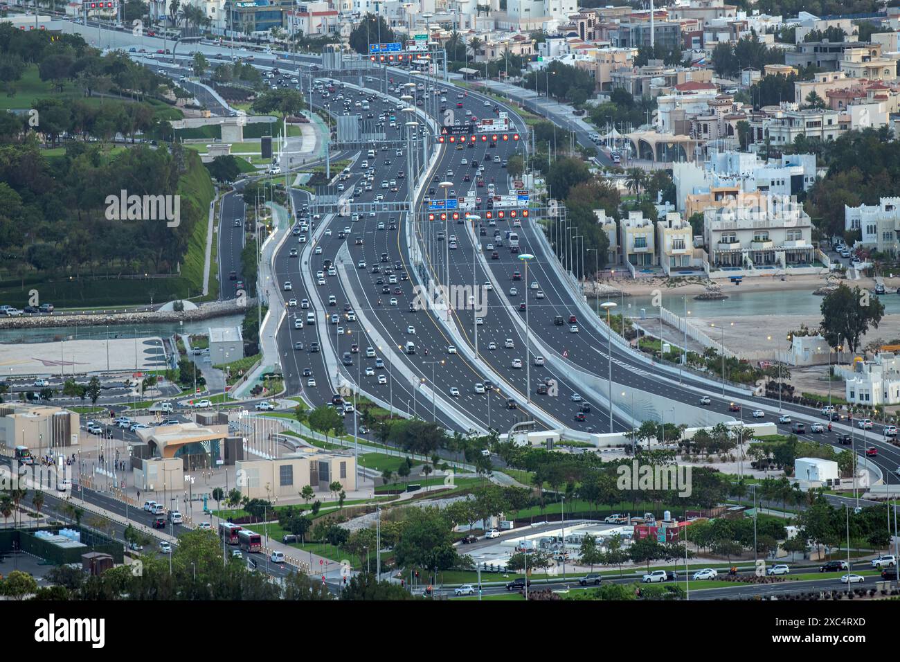 Aerial view of Doha roads and traffic. Lusail expressway Stock Photo ...
