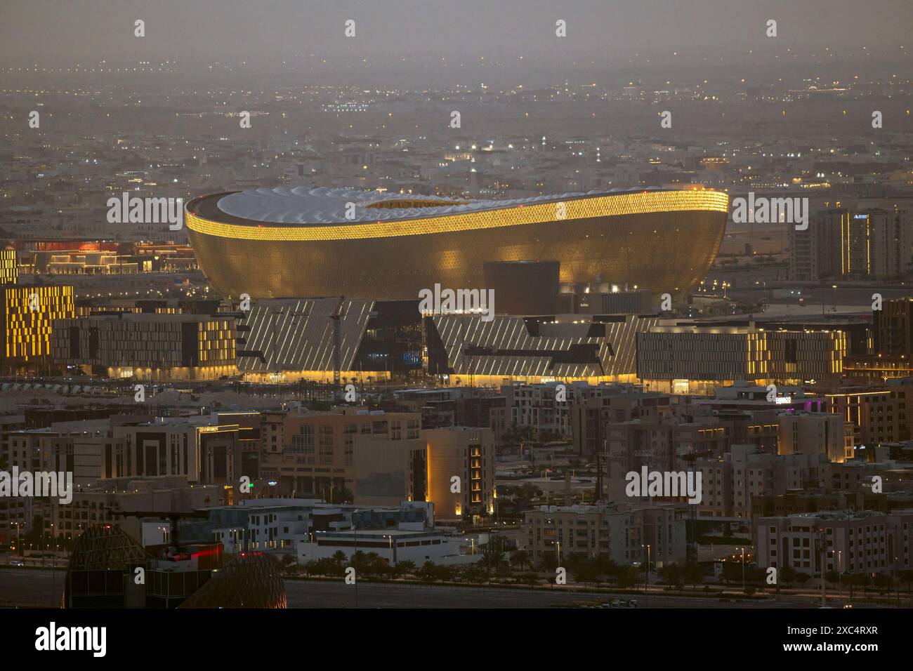 Aerial view of Beautiful Iconic Biggest Foot Ball Lusail Stadium Qatar ...