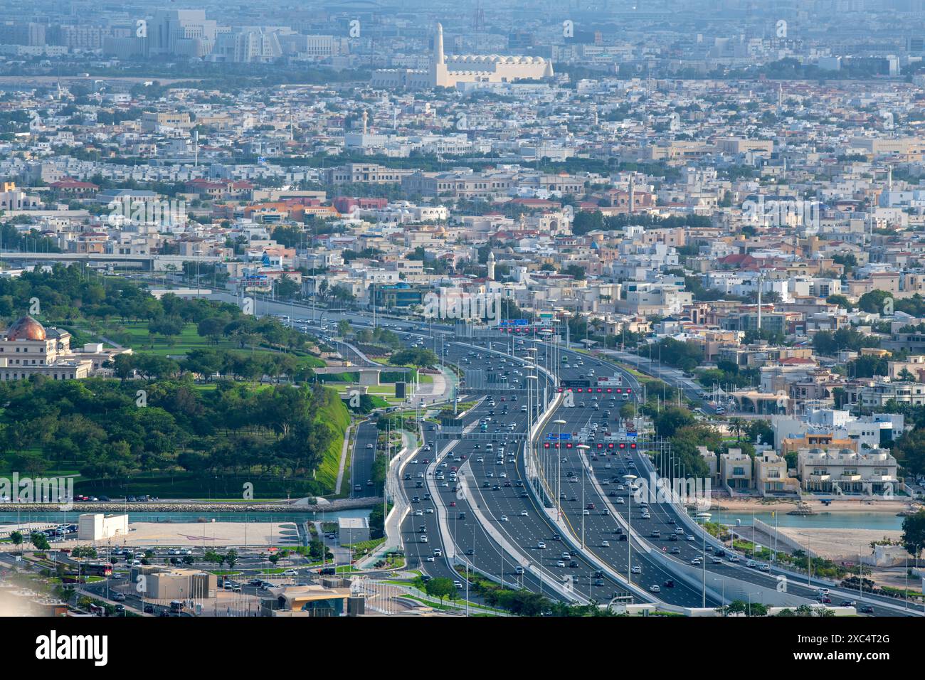 Aerial view Lusail Express way. Katara underpass roads and traffic ...