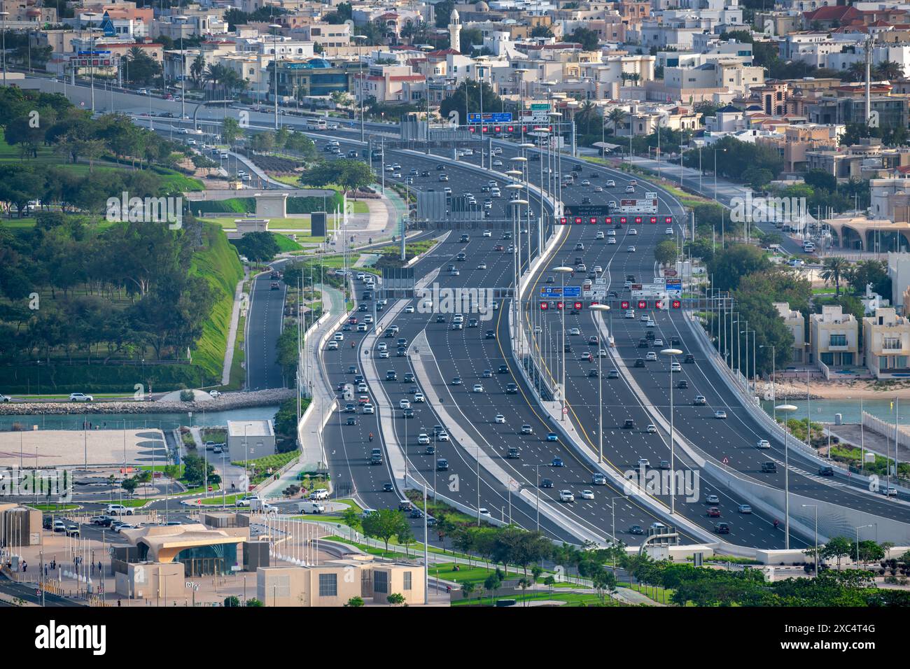 Aerial view Lusail Express way. Katara underpass roads and traffic ...