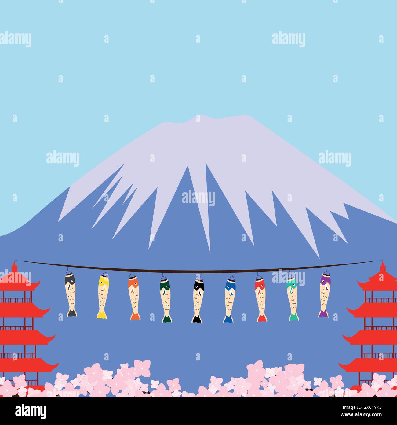 Golden Week greeting card vector illustration. Koinobori, sakura and ...