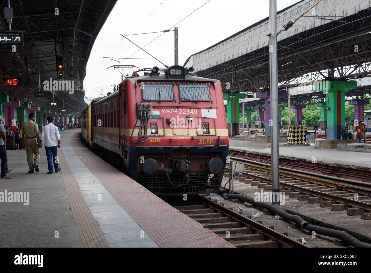 Electric locomotive engine stationed at a junction railway station ...
