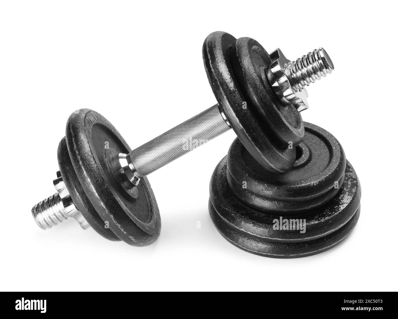 Barbell and stack of weight plates isolated on white Stock Photo - Alamy