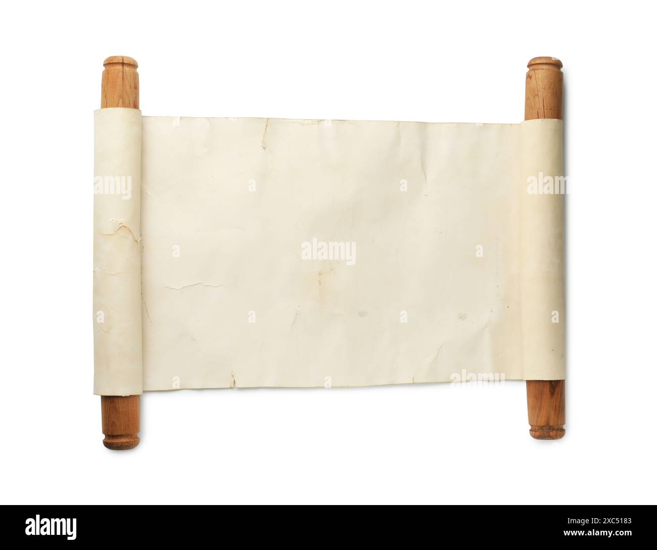 Scroll of old parchment paper with wooden handles isolated on white ...