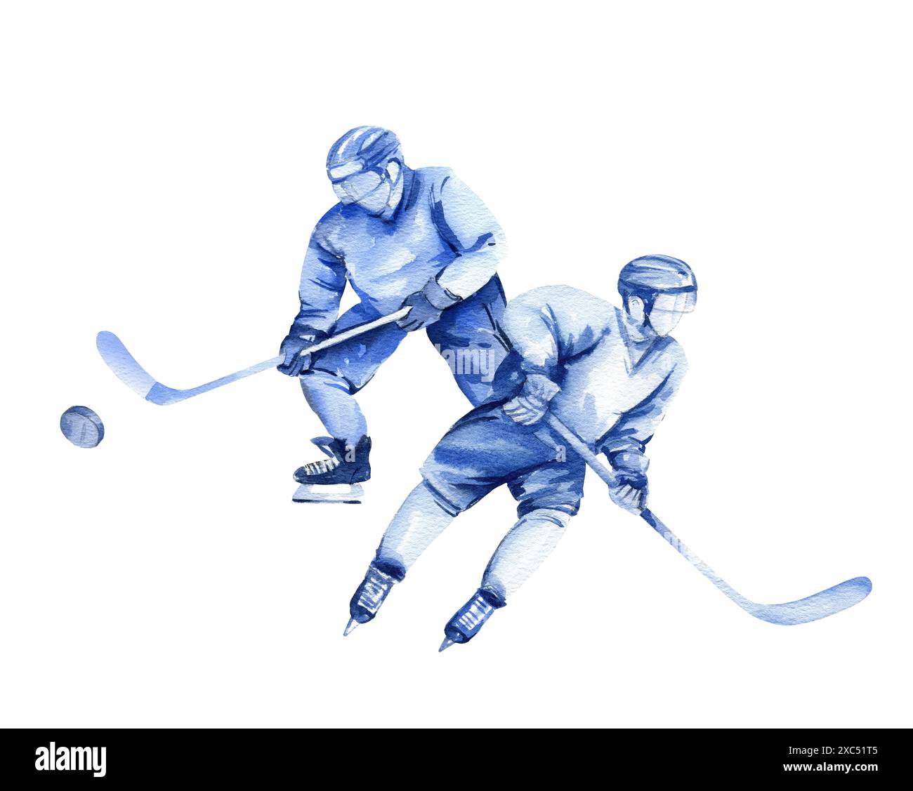 two hockey players with sticks in motion with a puck, hand drawn ...