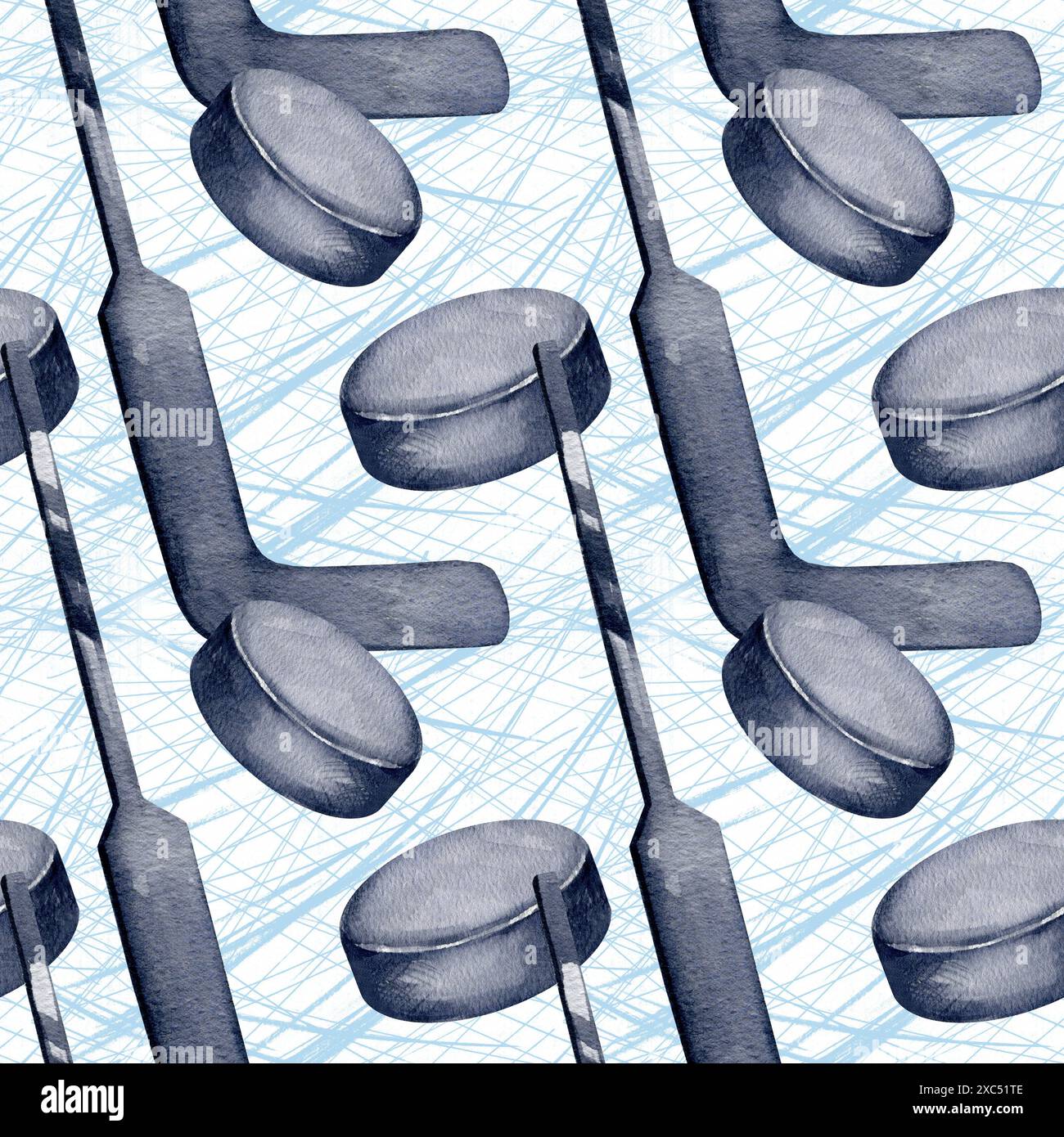 hockey sticks and a puck on the background of a blue watercolor spot ...