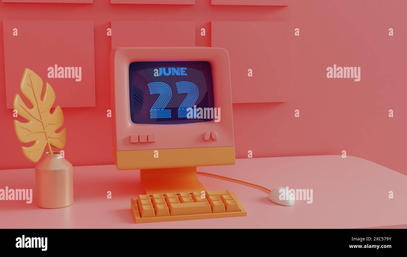Neon Retro Calendar - June 22 Displayed on Vintage Computer Screen with ...