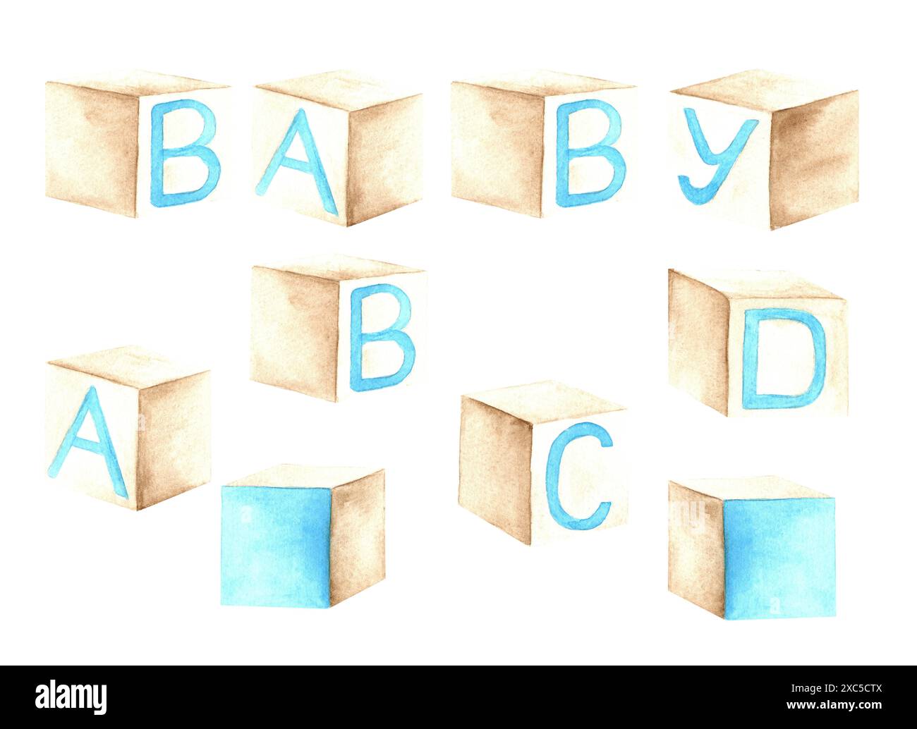 Children's toys wooden cubes, isolated watercolor illustration on white ...