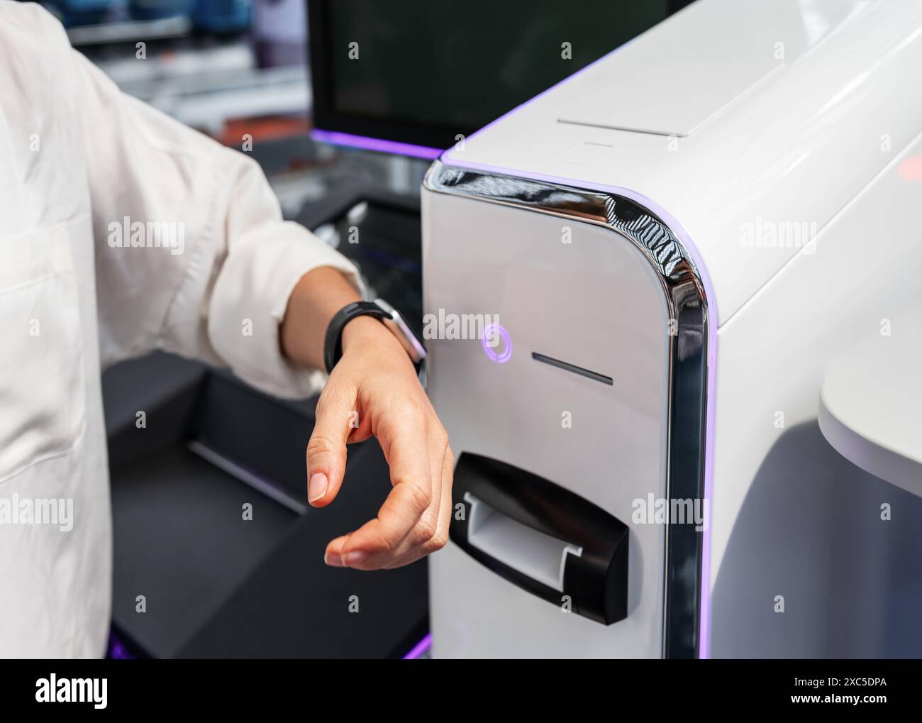 Paying with personal information devices. Female person paying using ...