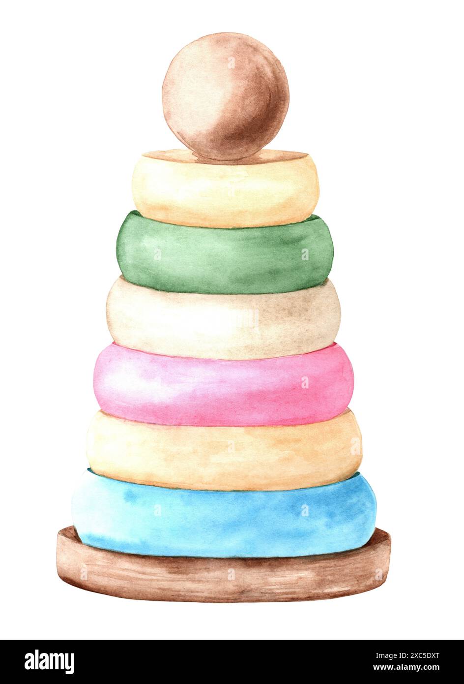 Children's toy wooden pyramid, Isolated watercolor illustration on ...