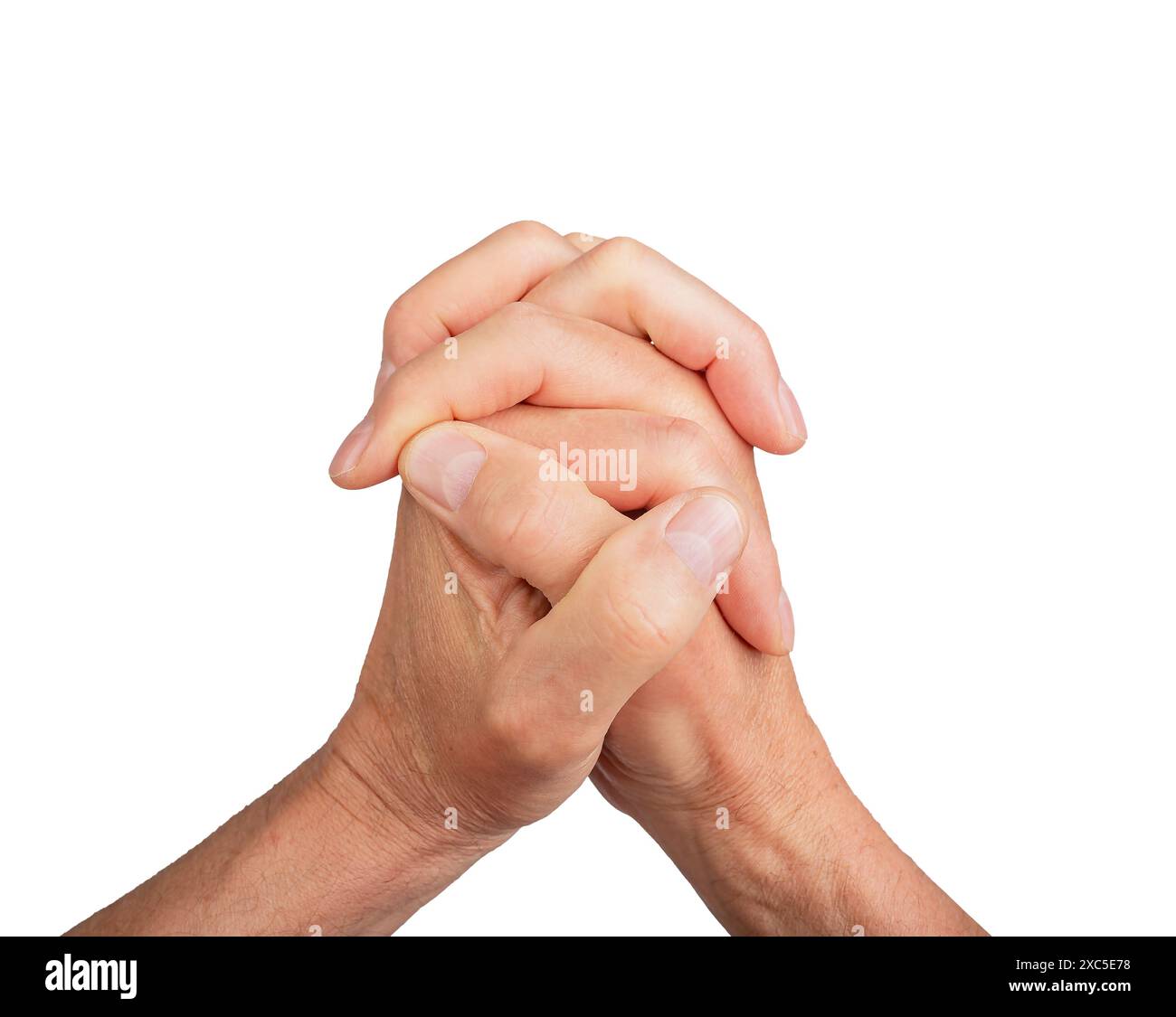 Hands intertwined in prayer, unity and gesture of faith. Close up ...