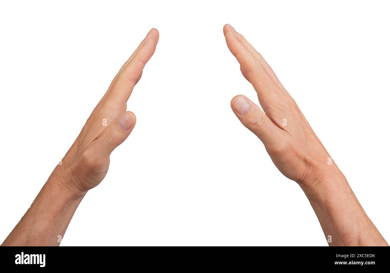 Hands gesturing with open palms, fingers human and isolated. White pair ...