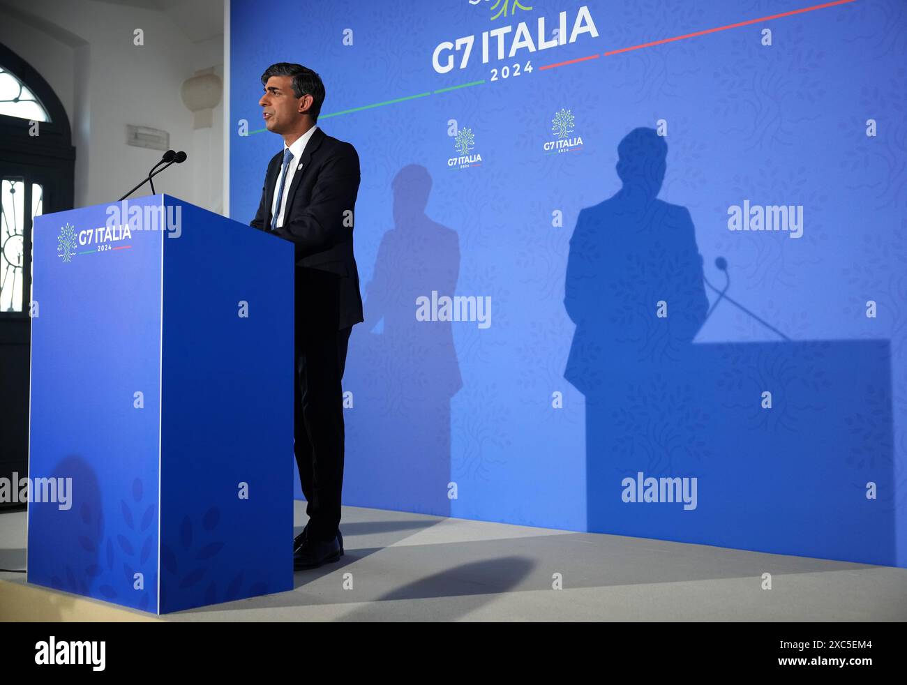 Prime Minister Rishi Sunak speaking during a press conference at the G7 ...