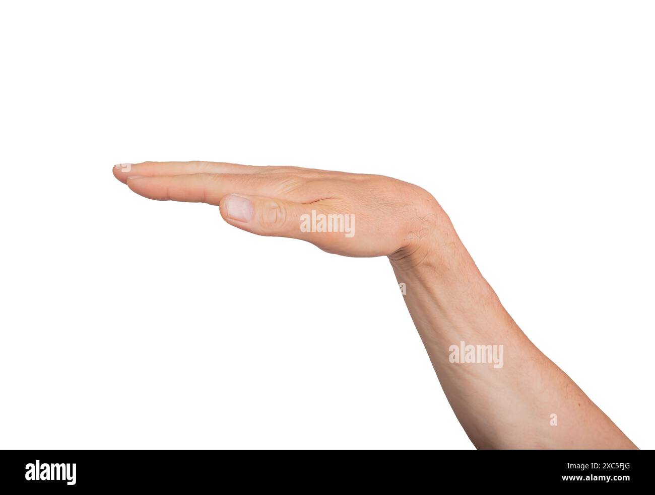 Hand gesturing with palm horizontal, fingers isolated on white ...