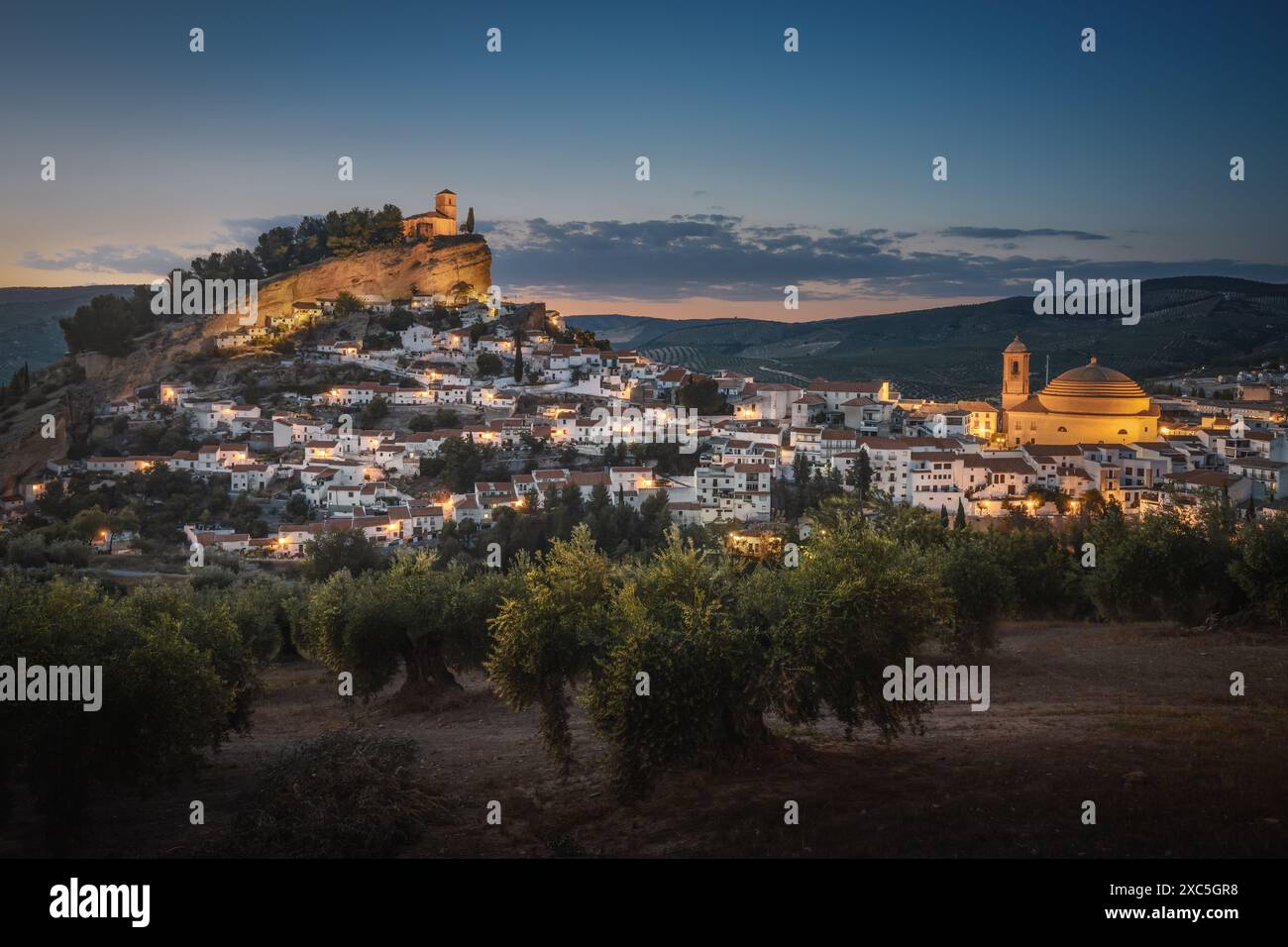 Aerial view of Montefrio city at night - Montefrio, Granada Province ...