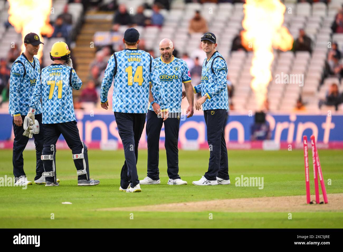 Dan Mousley of Birmingham Bears celebrates bowling Jafer Chohan of ...