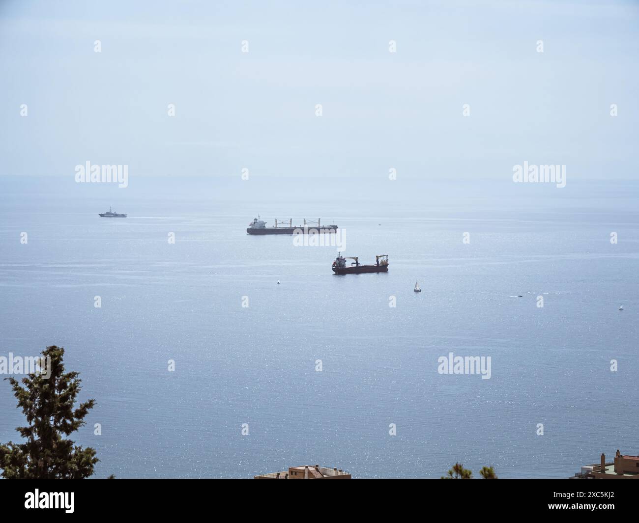 Tanker and container heavy cargo ships on the Mediterranean Sea as seen ...
