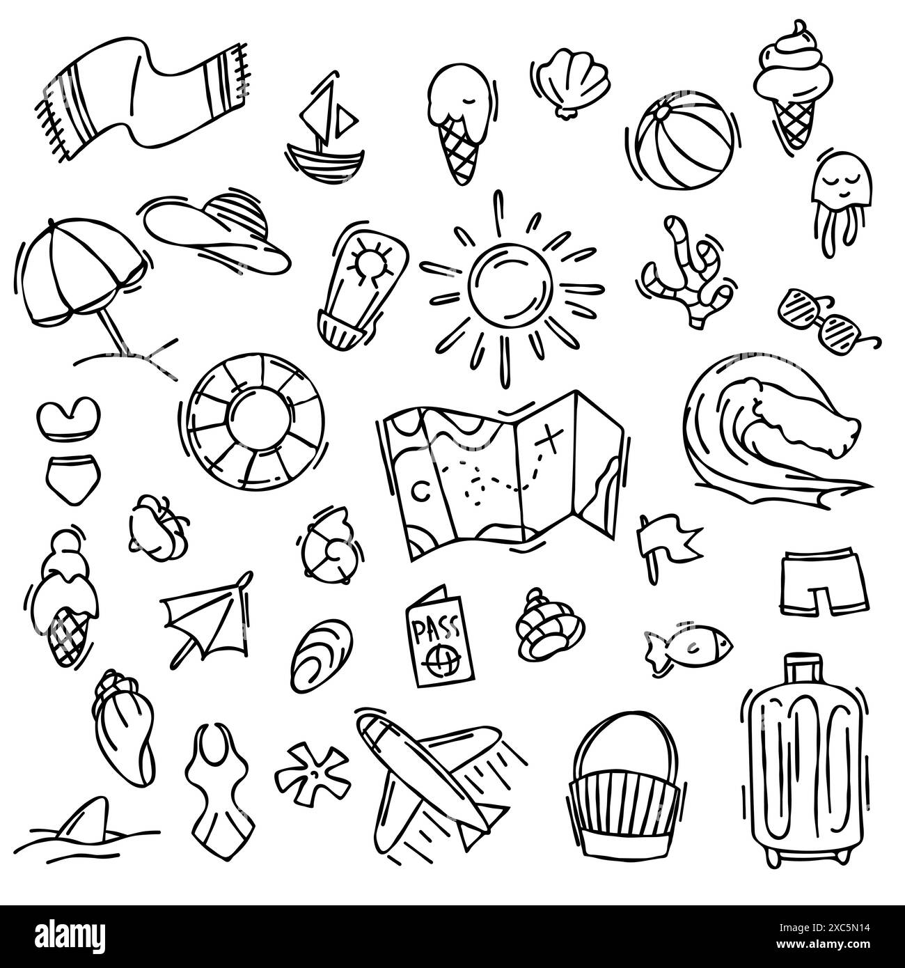 Summer doodle icons set. Summer elements map, sun, ice cream, airplane ...