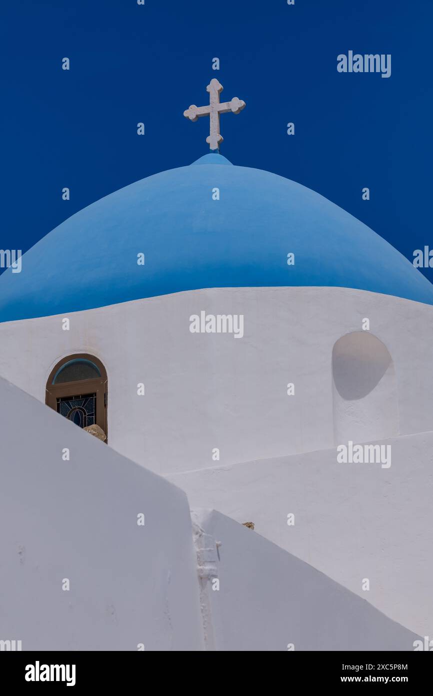 View of the top of a beautiful blue and white orthodox Greek church in ...