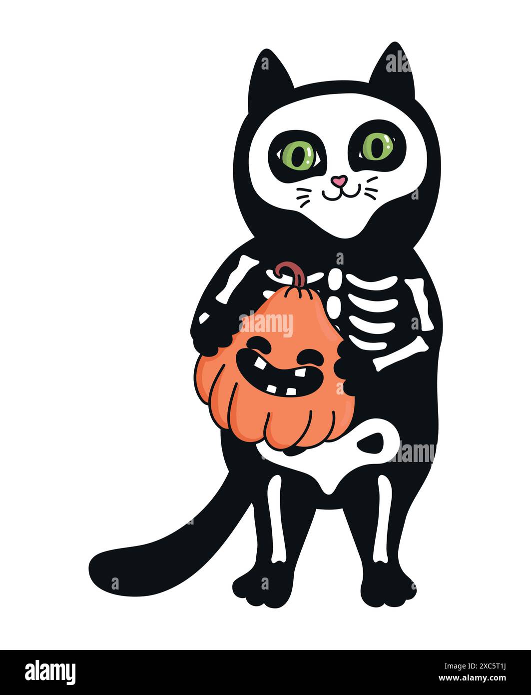 Cute hand drawn cat in skeleton costume holding a smiling pumpkin ...