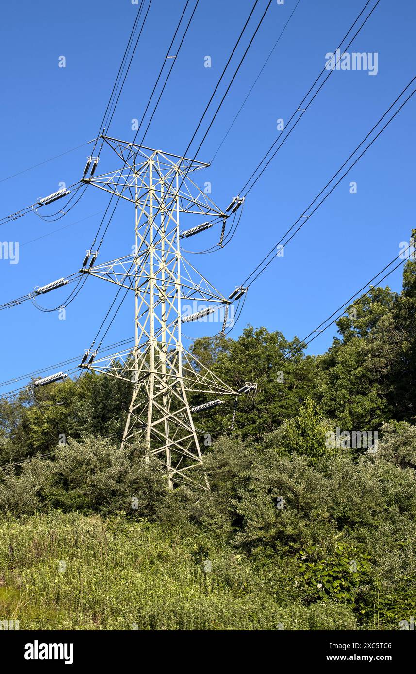 electrical tower power line pylon at converter transformer delivering ...