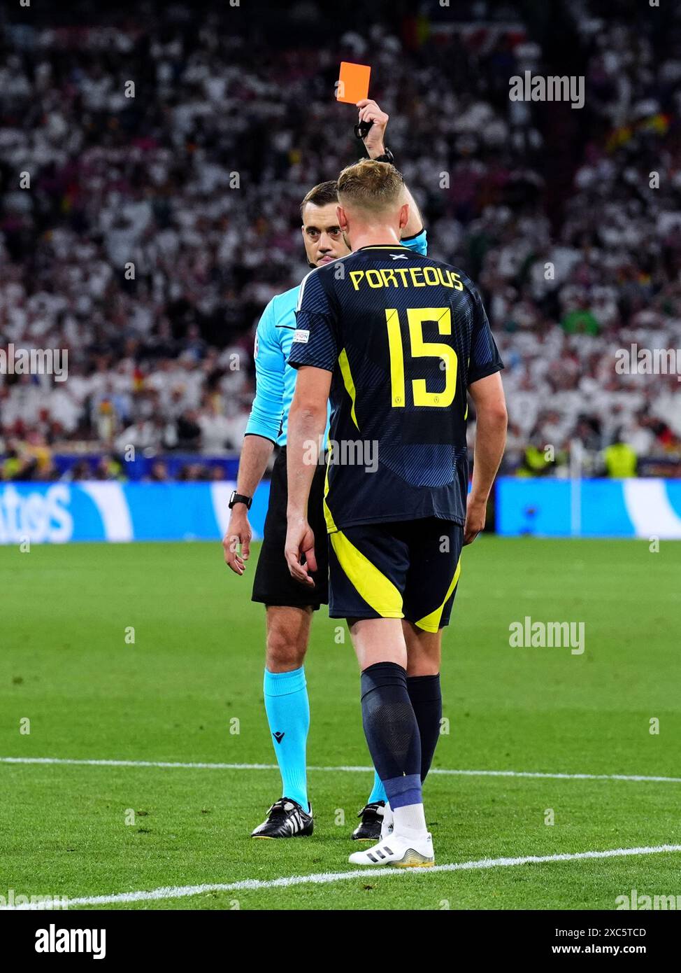 Scotland's Ryan Porteous is shown a red card after fouling Germany's ...
