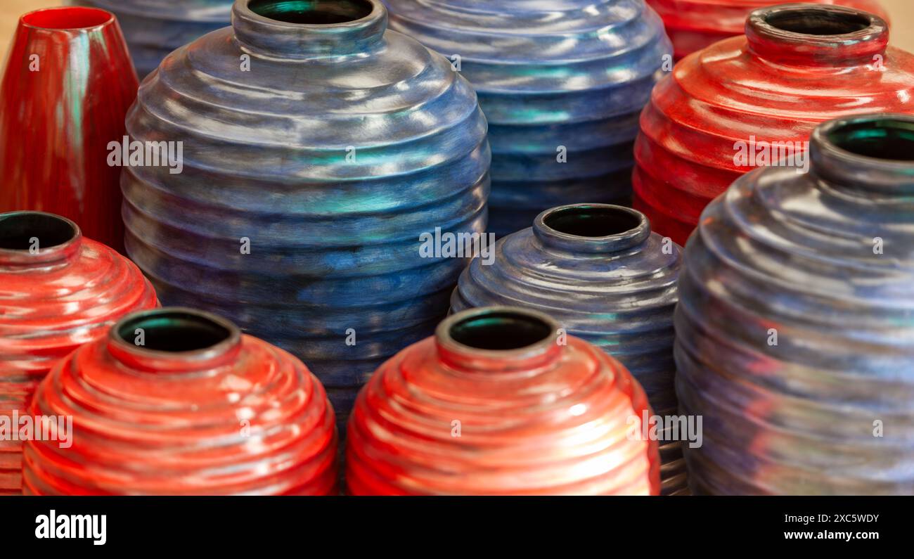 pottery ceramic clay vases group various sizes and colors Stock Photo ...