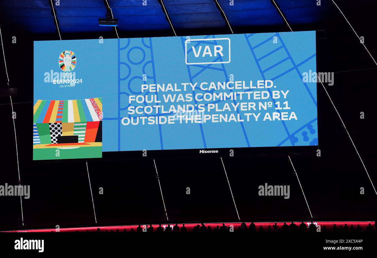 Information on the big screen explaining a VAR decision during the UEFA ...