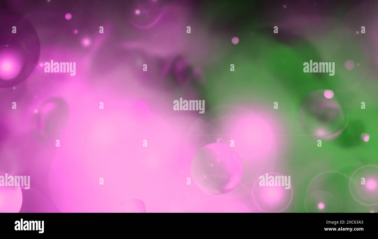 Abstract 3D background bubbles in green pink tones. Distortion in water ...