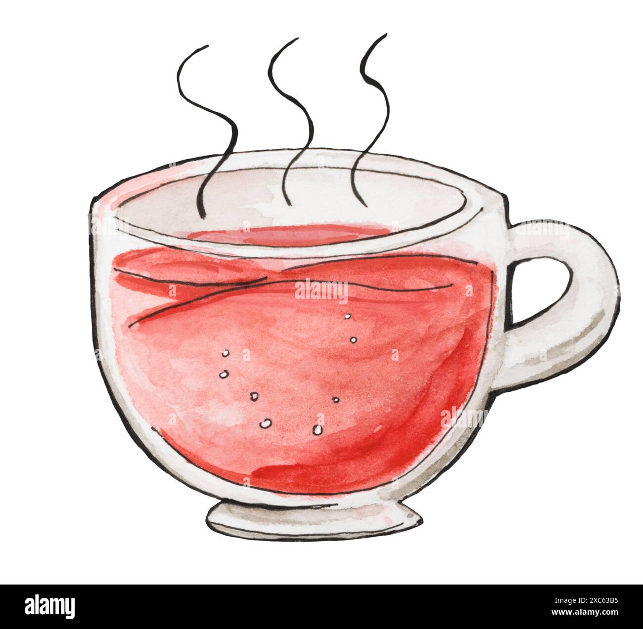A detailed watercolor illustration of a steaming cup of rose hip tea ...