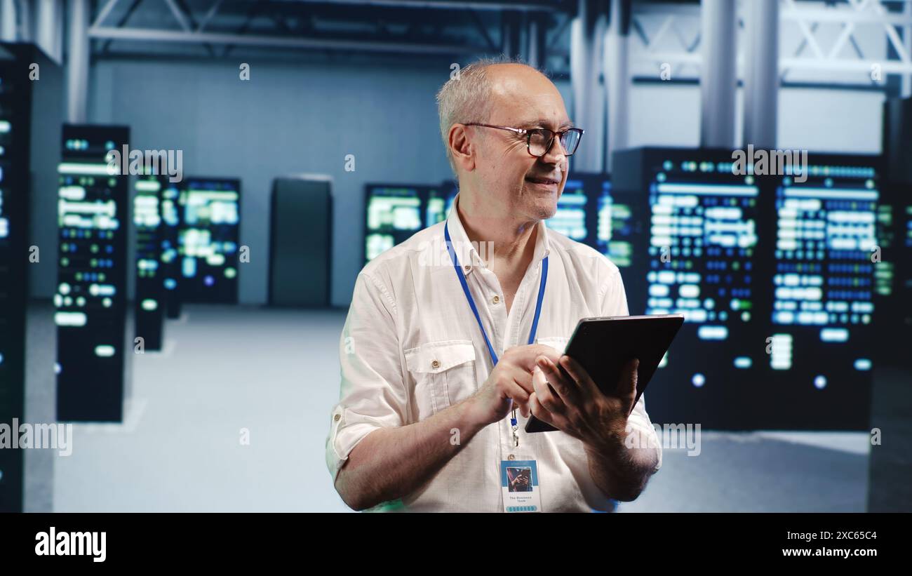 Senescent employee expertly managing data while navigating through ...