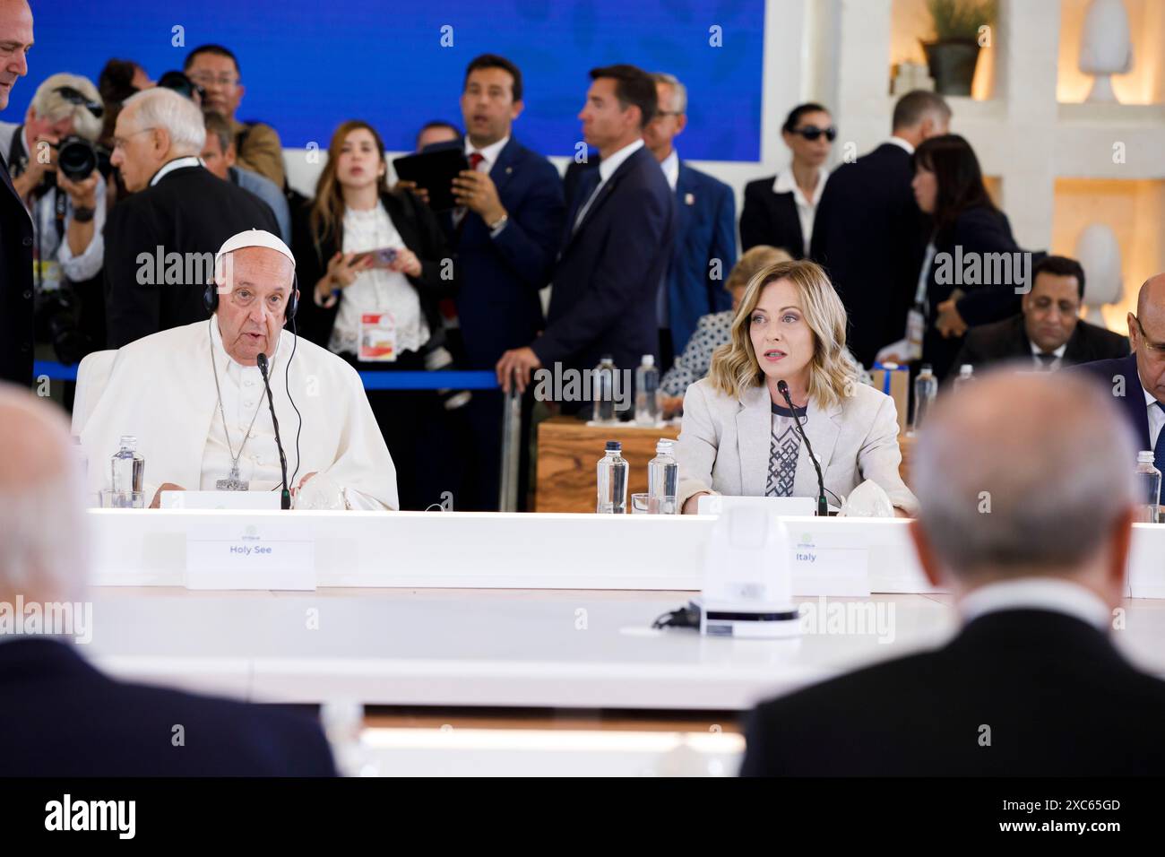 Apulia, Italy. 14th June, 2024. Pope Francis, delivers remarks as ...