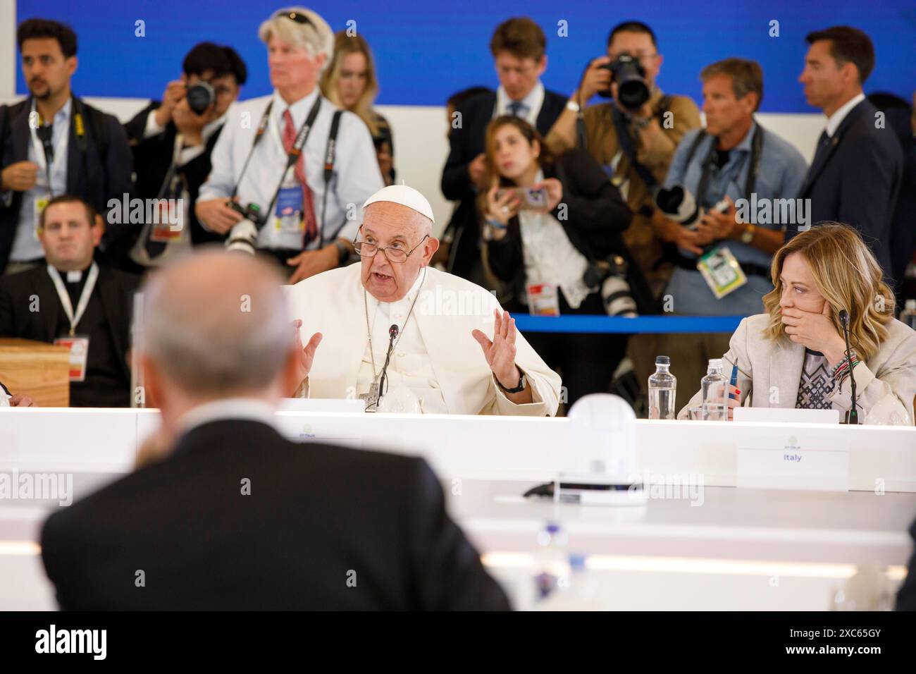 Apulia, Italy. 14th June, 2024. Pope Francis, delivers remarks as ...
