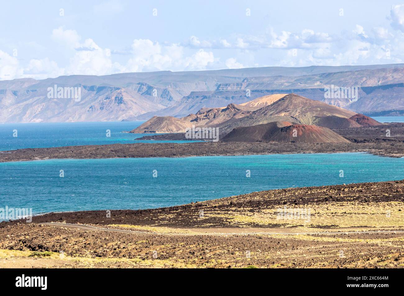 Ardoukoba fissure vents volcano crater cones with sea and mountains in ...