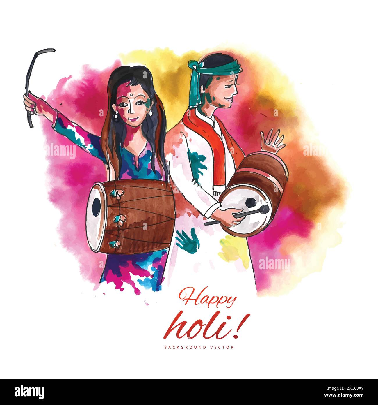 Hand draw fun characters celebrate colorful holi card background Stock ...