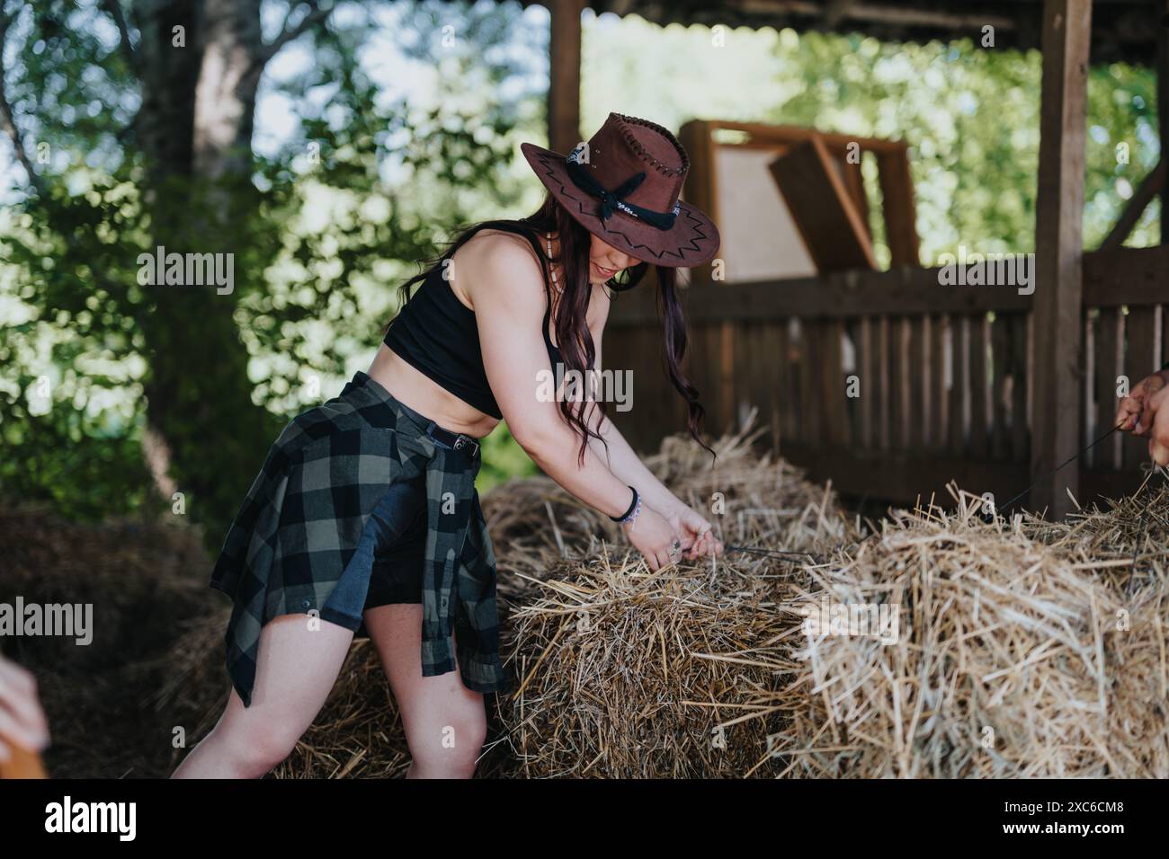 Young woman working with hay bales in rustic barn, wearing a cowboy hat ...
