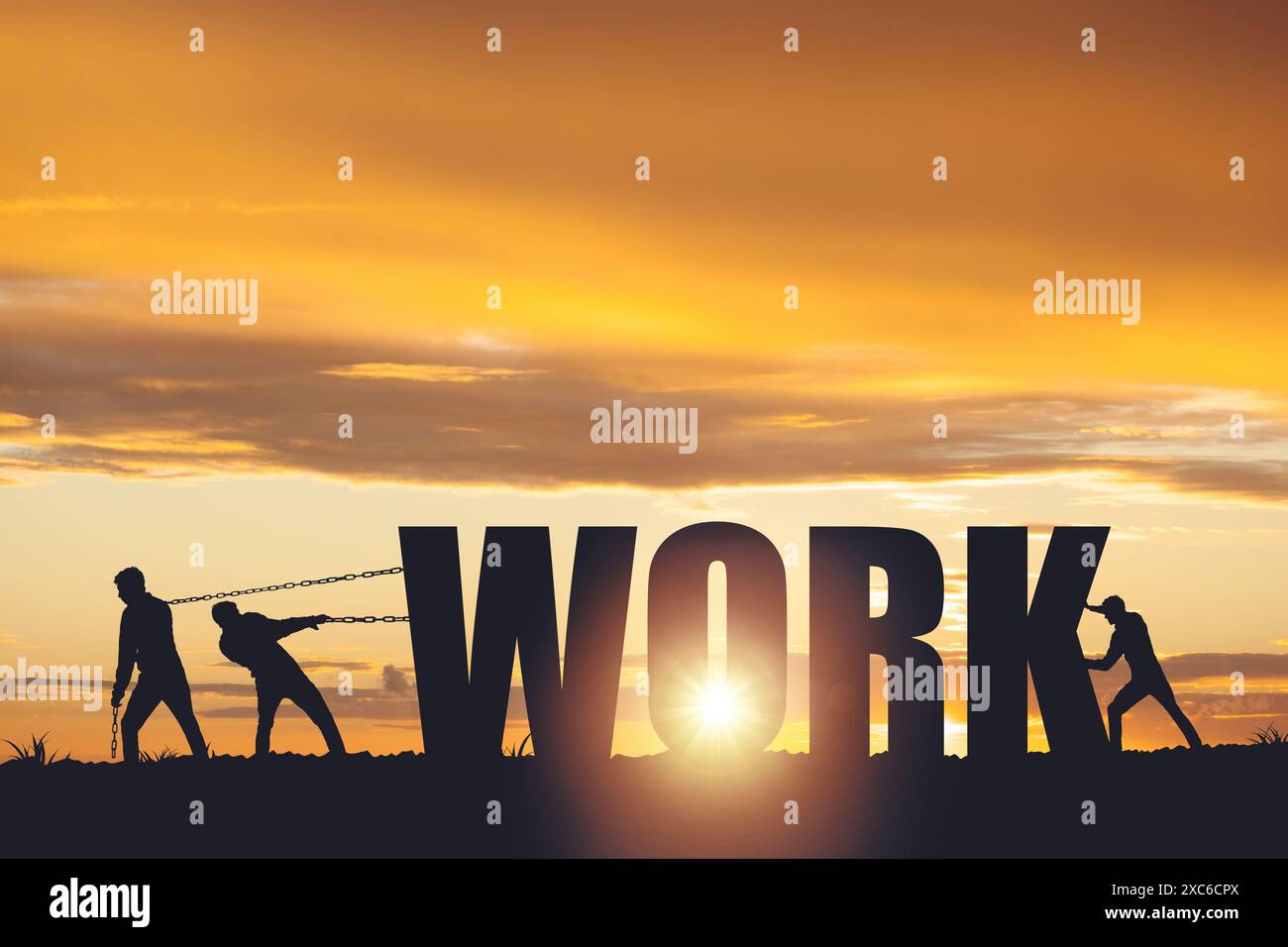 Silhouettes of people drawing the word WORK on a sunset background ...