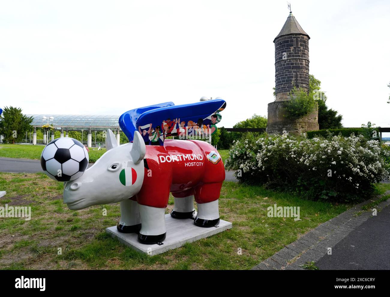 A flying rhino statue at the Westfalenpark in Dortmund, Germany, where ...