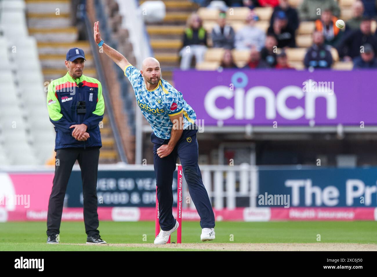 Jake Lintott in action bowling taken in Birmingham UK on 14 June 2024 ...